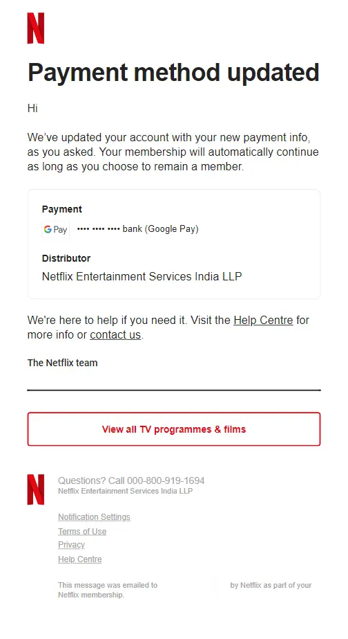 Netflix Email Template: Payment Method Update