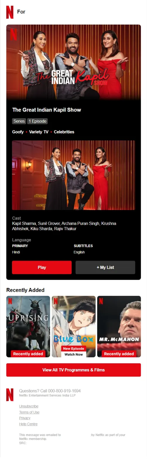 Personalized Recommendations: Netflix Email Template